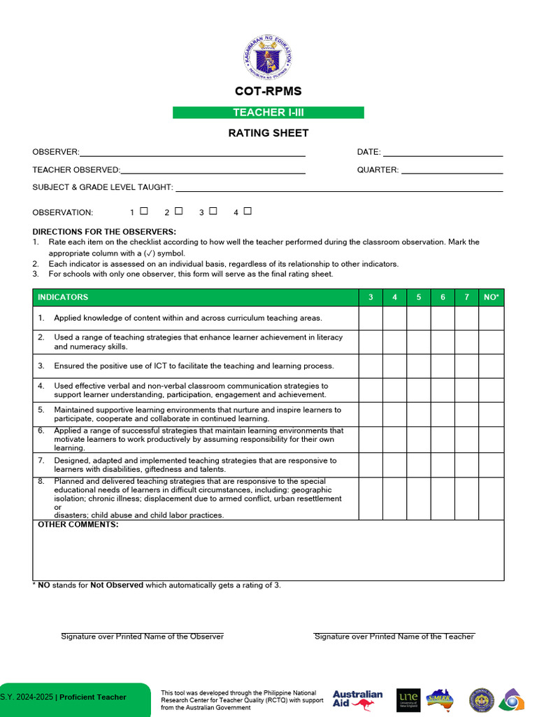 COT Rating Sheet 2024-2025 Guide | PDF | Learning | Teachers
