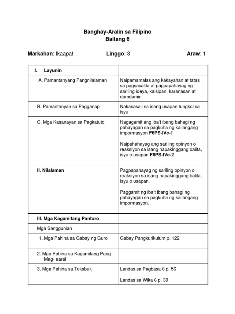 Banghay-Aralin Sa Filipino (BASE-BEED 3A) - 1 | PDF