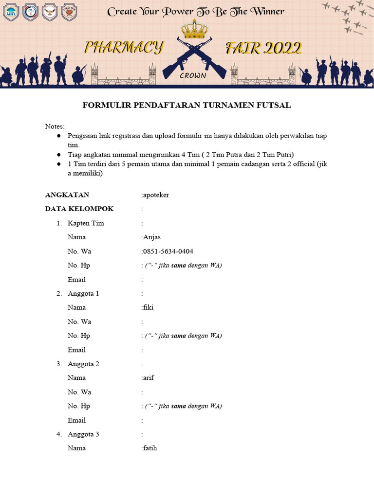 Formulir Pendaftaran Turnamen Futsal | PDF