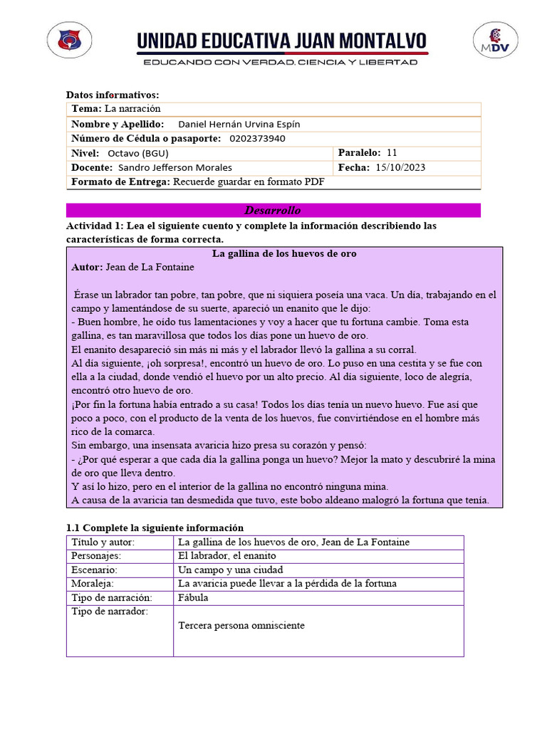 U3.S2.Urvina .Daniel .LyL | PDF | Cuentos | Narración