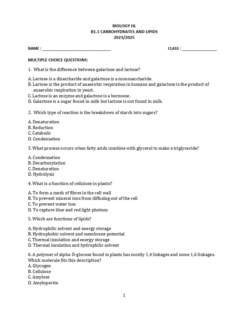 Tutorial b1.1 Carbohydrates & Lipids | PDF | Carbohydrates | Hydrolysis