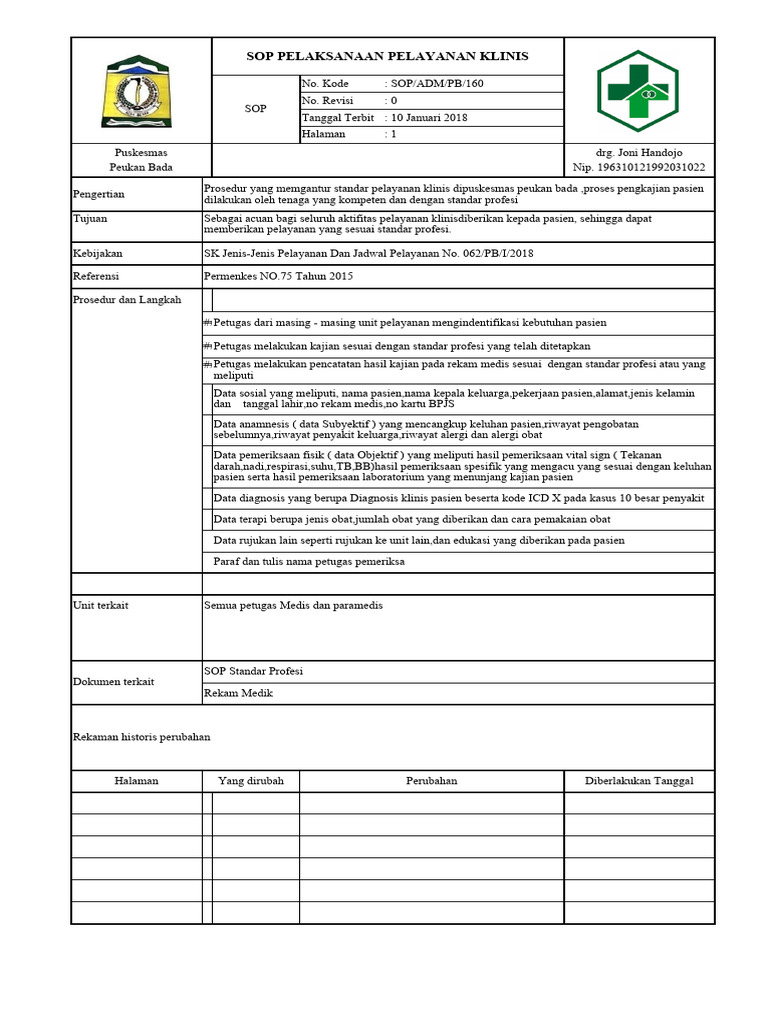 SOP Pelayanan Klinis Puskesmas Peukan Bada | PDF | Pengembangan Diri
