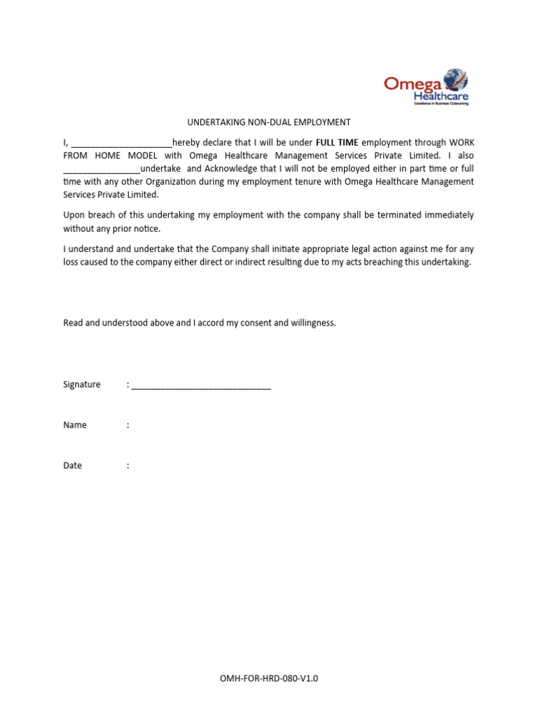 Non-Dual Employment Undertaking Form | PDF | Finance & Money Management