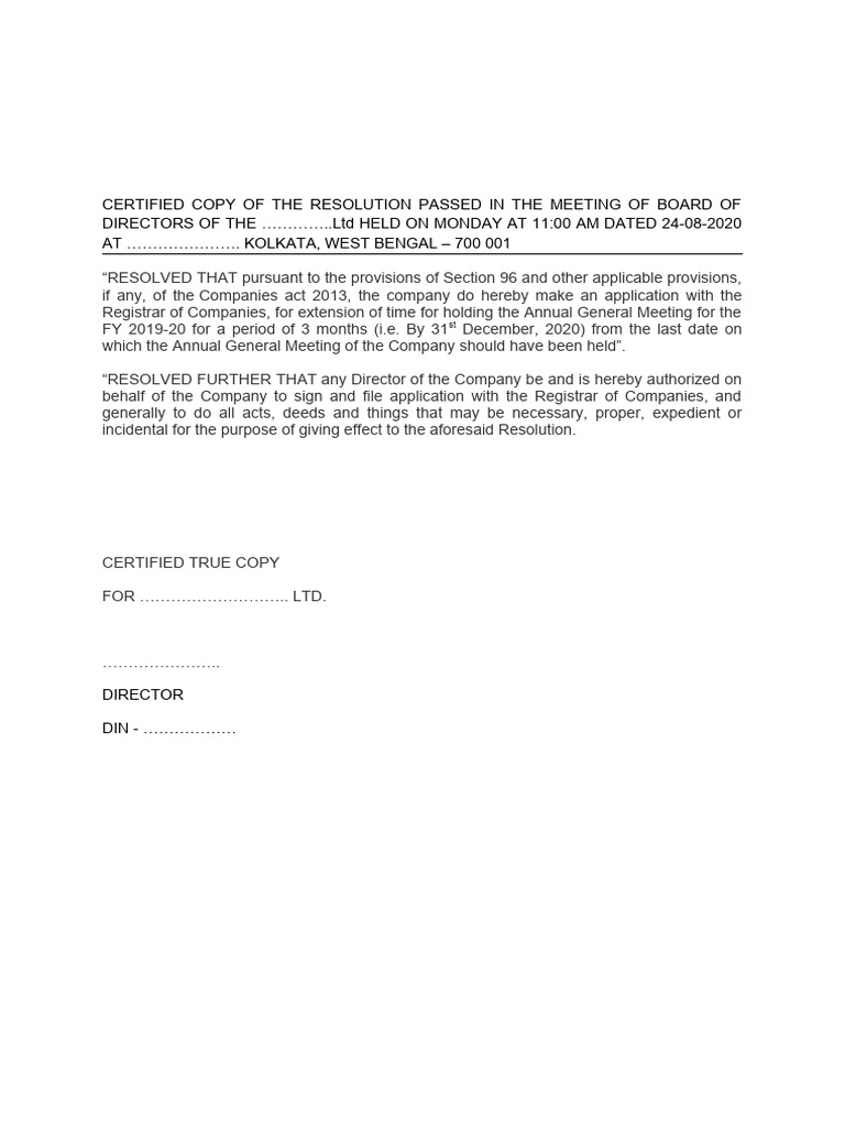 Draft Board Resolution For Extention of AGM | PDF