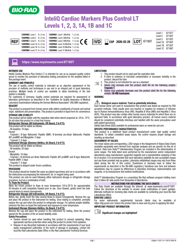 Inteliq Cardiac Markers Plus Control LT Levels 1, 2, 3, 1A, 1B and 1C ...
