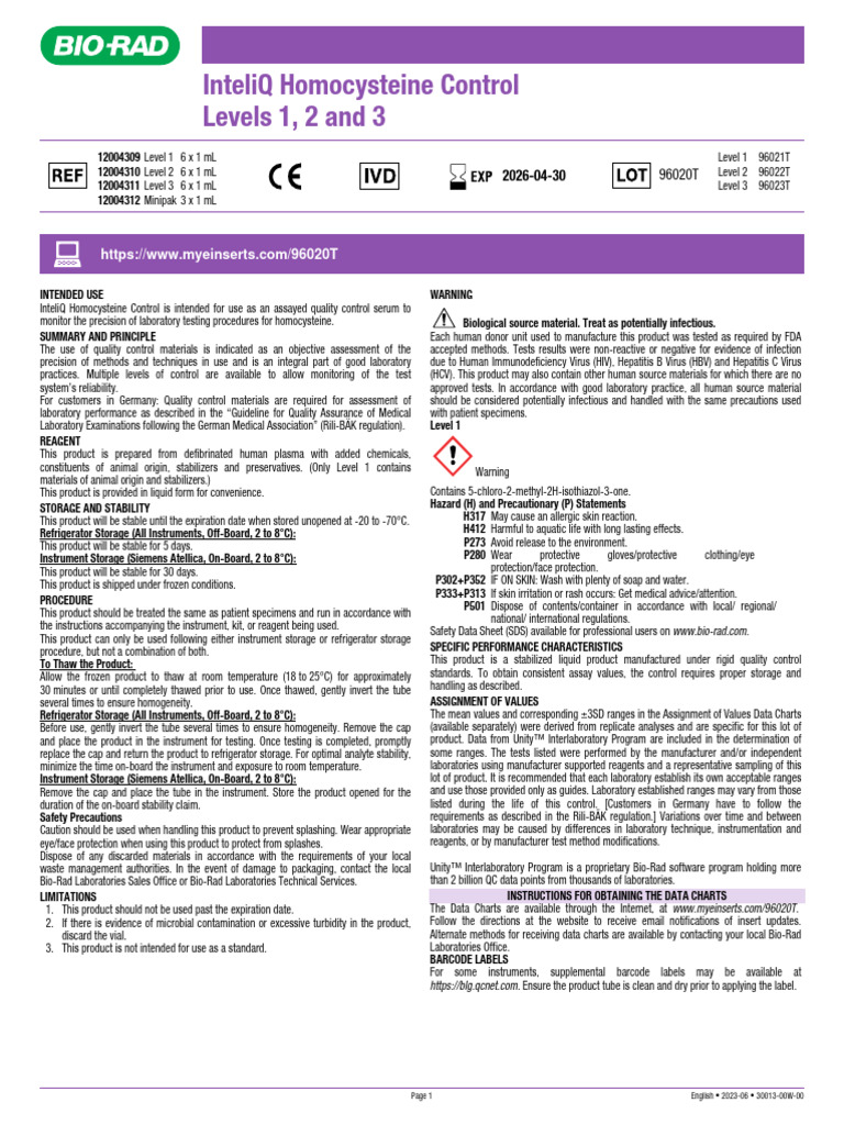 Inteliq Homocysteine Control Levels 1, 2 and 3: - 2023-06 - 30013-00W ...