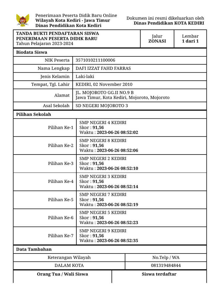 Bukti Daftar - PPDB Kota Kediri | PDF