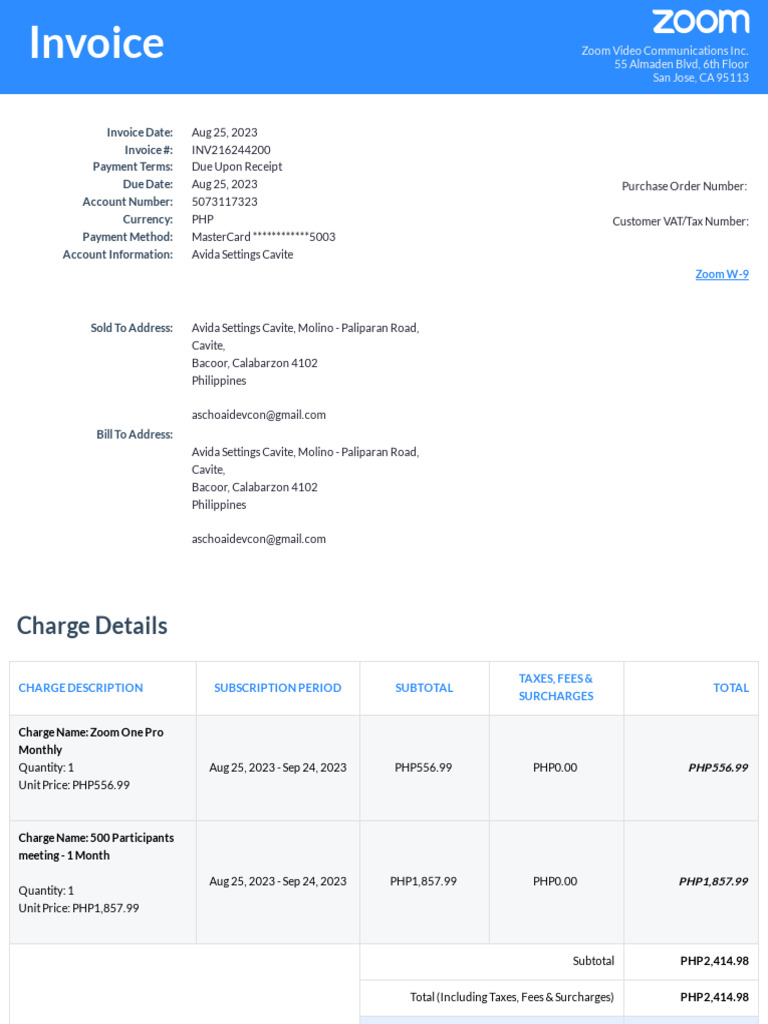 Zoom Invoice for August 2023 | PDF | Fee | Invoice