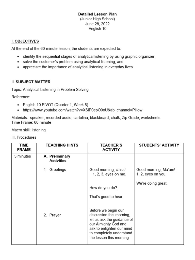 Analytical Listening Lesson Plan | PDF | Prayer | Lesson Plan