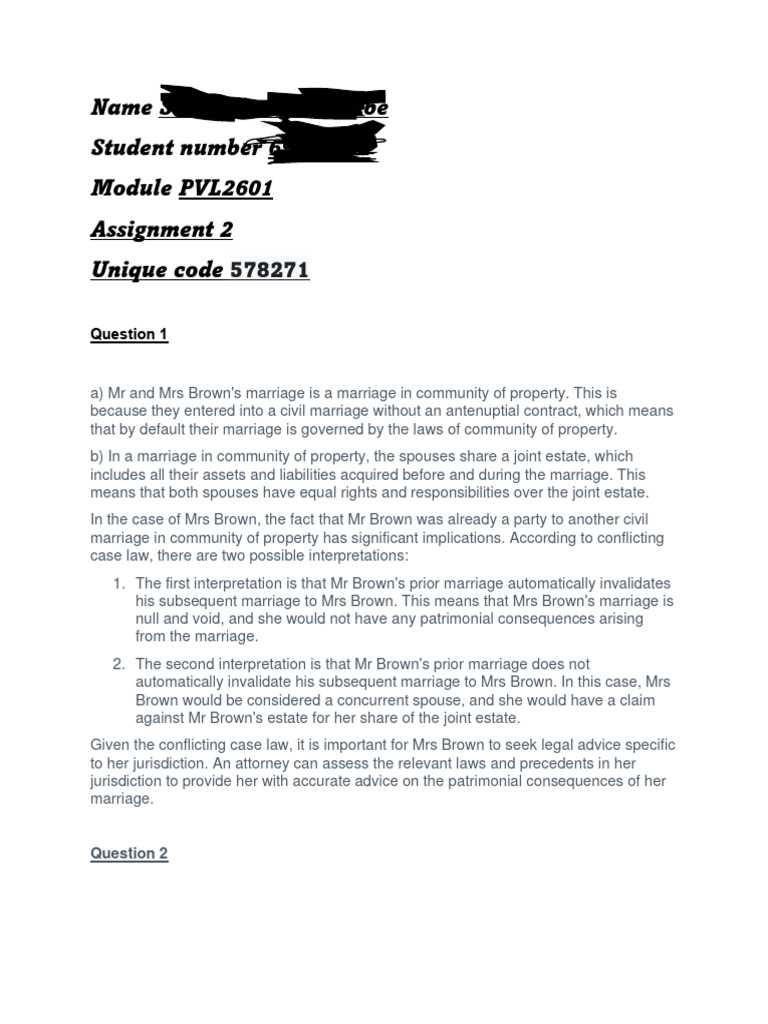 pvl2601 Ass2 | PDF | Marriage | Community Property