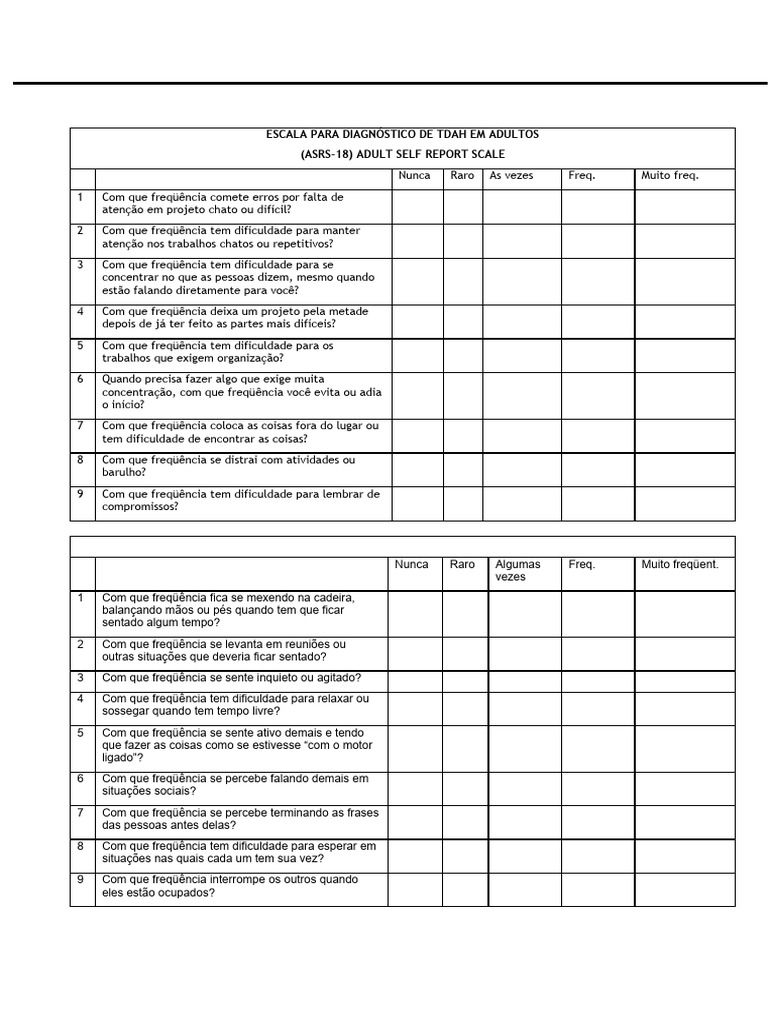 Modelo - Escala para Diagnóstico de Tdah em Adultos | PDF | Manual ...