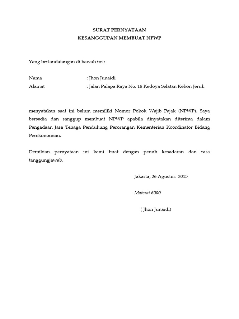 Format Surat Pernyataan Sanggup Membuat NPWP | PDF