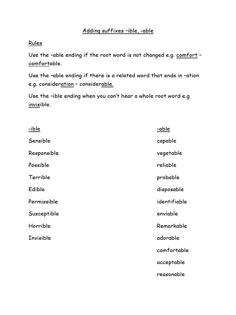 Adding Suffixes Ible Able | PDF Adding Suffixes Ible Able | PDF