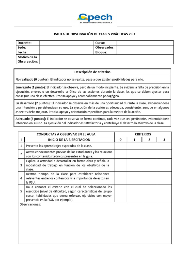 Pauta de Observación Clase Práctica 2018 (1677) | PDF | Cognición | Aprendizaje