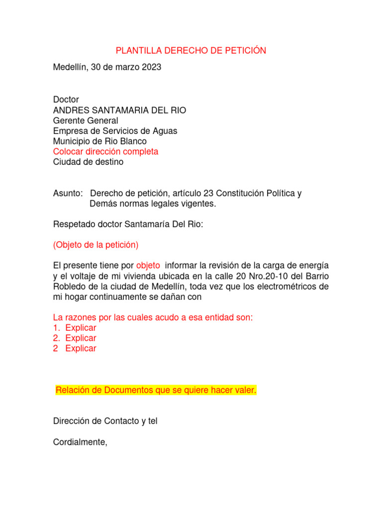Plantilla para Derecho de Petición | PDF | Derecho