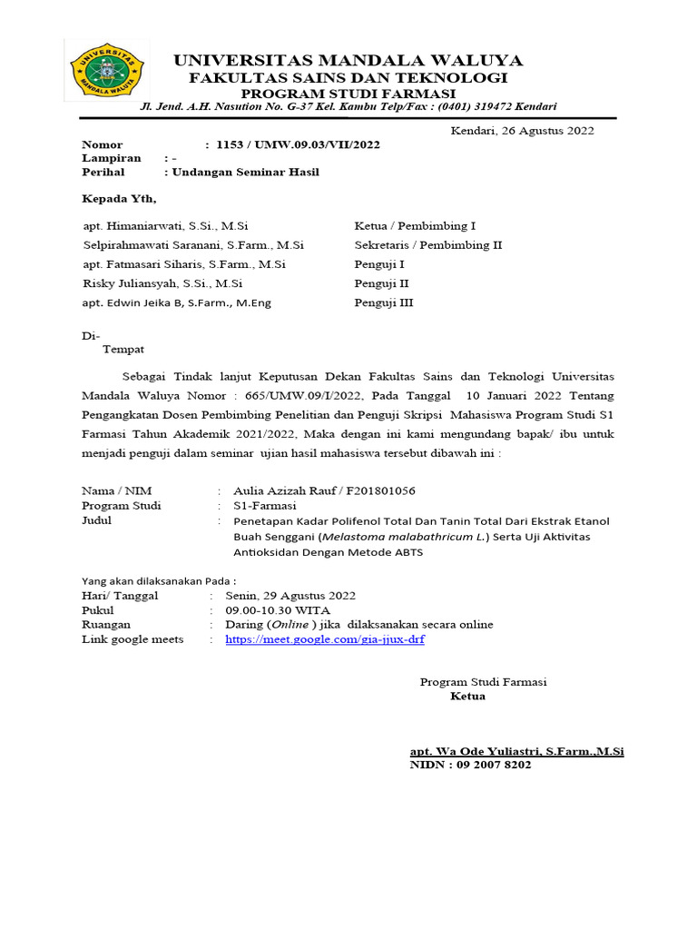 Surat Penugasan Dan Undangan Ujian Hasil Aulia | PDF