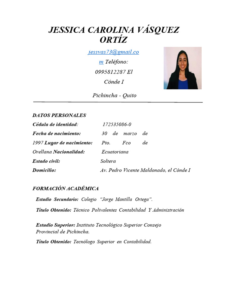 Hoja de Vida Jessica Vasquez O | PDF