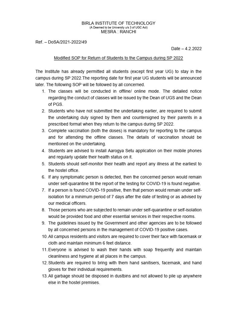 Modified SOP Return of Students SP2022 | PDF | Hygiene | Global Health