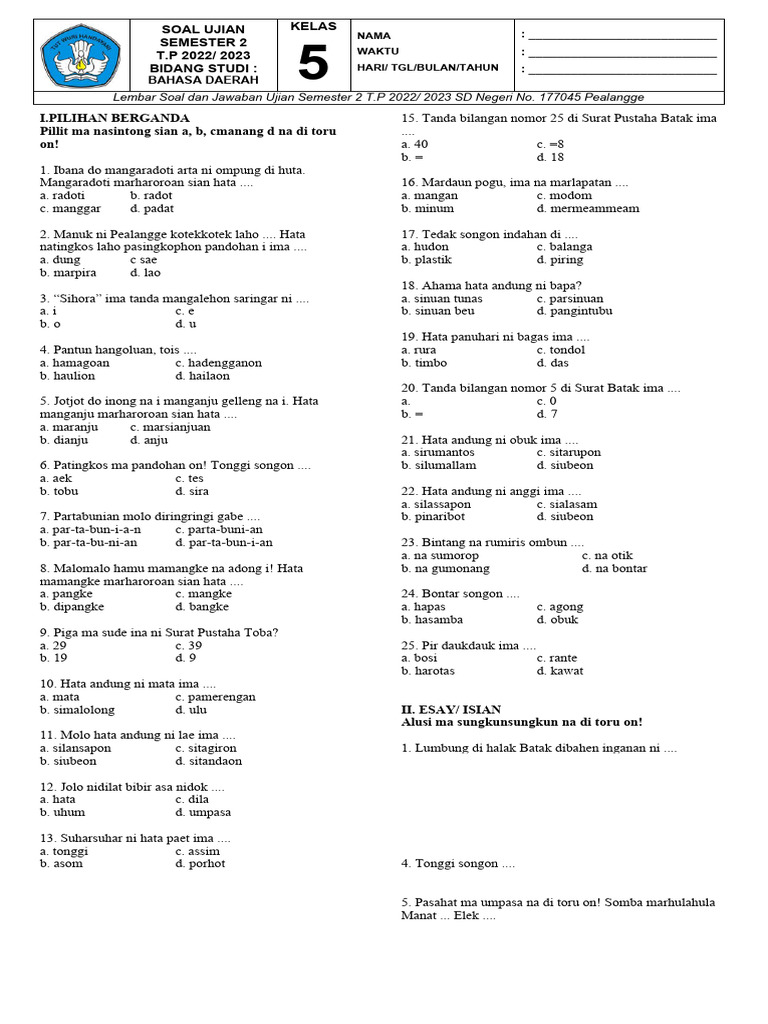 B. Daerah Soal Ujian Kelas 5 Semester 2 TP 2022 - 2023 | PDF | Seni & Disiplin Bahasa