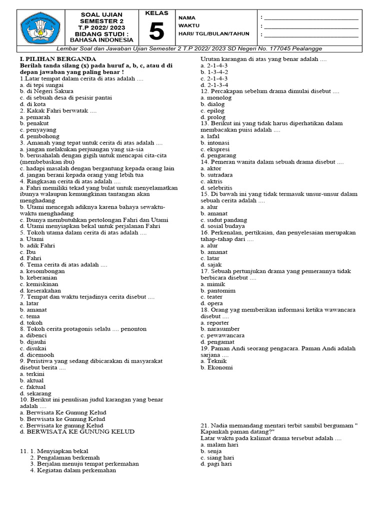 Bahasa Indonesia Soal Ujian Kelas 5 Semester 2 TP 2022 - 2023 | PDF