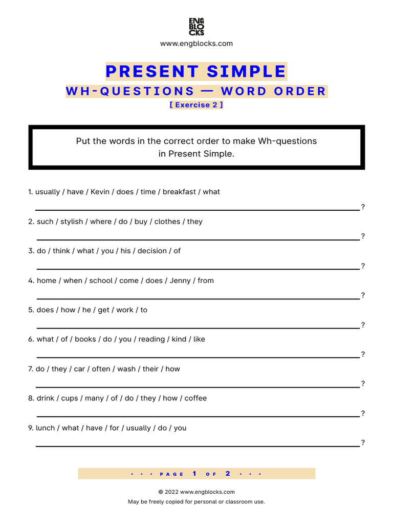 Present Simple WH Question Word Order Exercise 2 | PDF | Linguistics ...