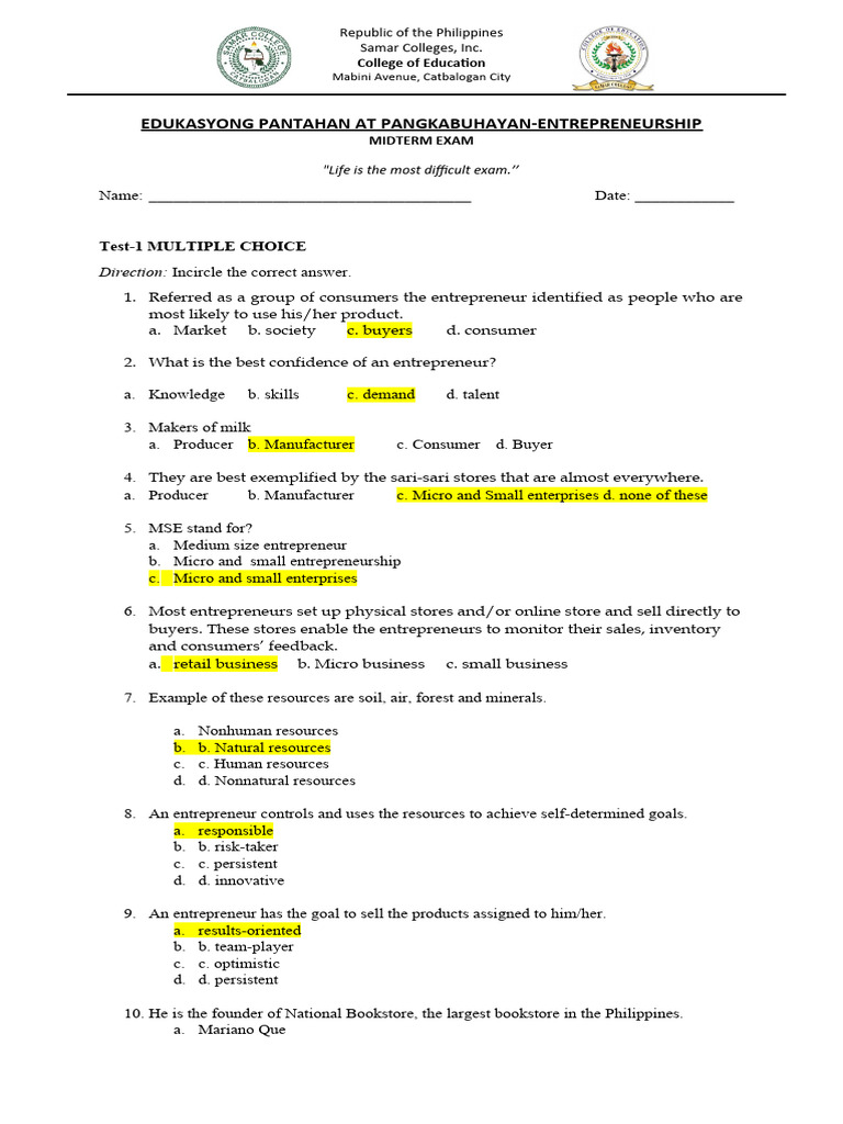 Midterm EXAM TEST | Download Free PDF | Entrepreneurship | Sales