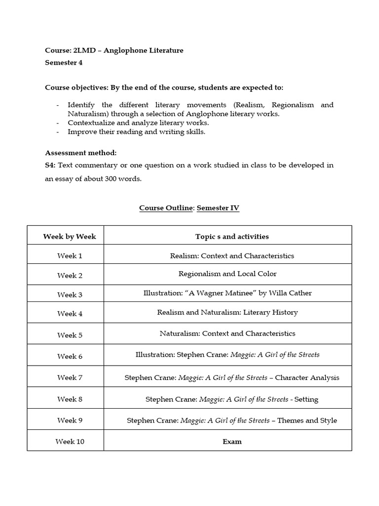 Anglophone Literature Course Overview | PDF