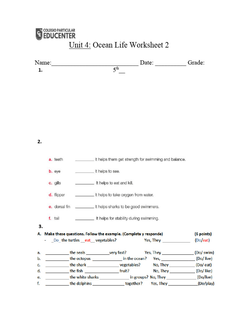 5º; Unit 4; Ocean Life Worksheet 2 | PDF