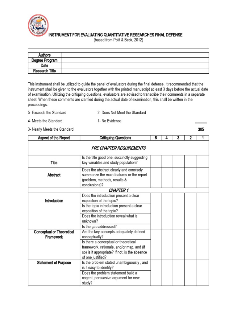 Instrument For Evaluating Quantitative Research Final Defense | PDF ...