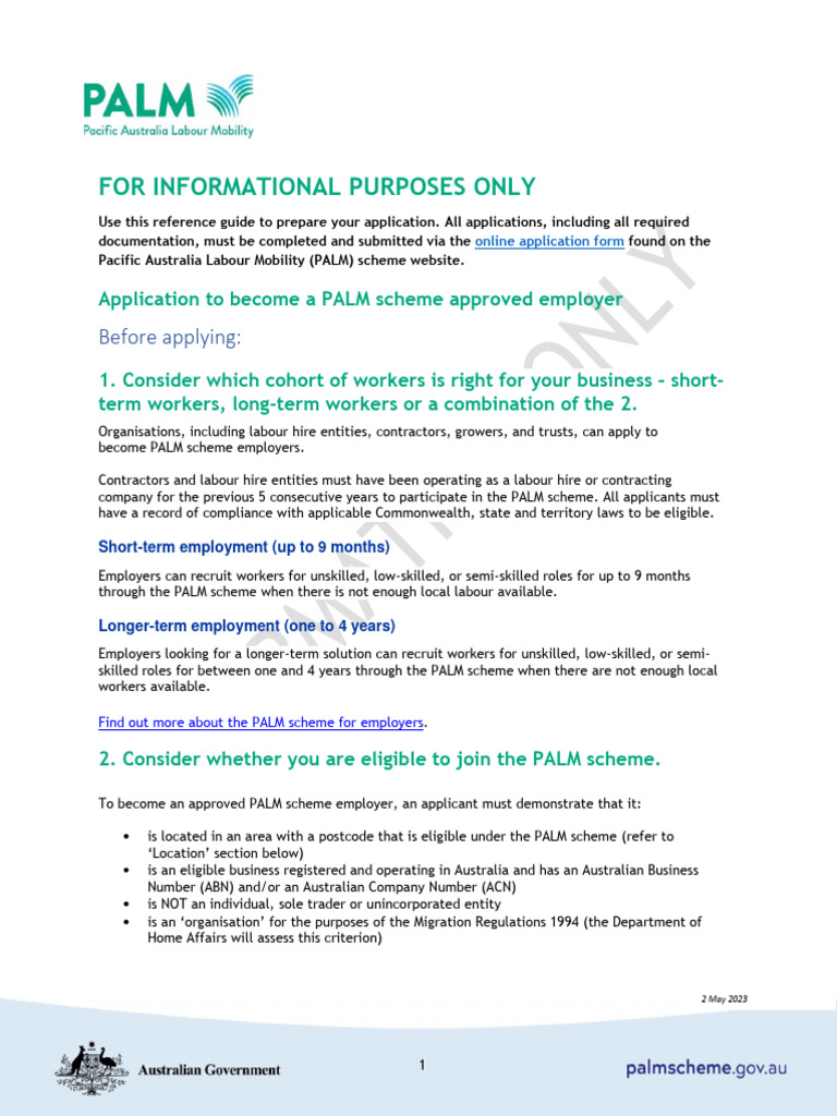PALM Scheme Employer Application Form - Reference Only Version ...