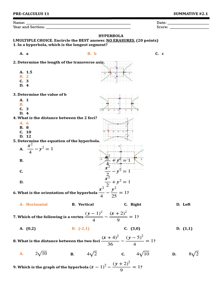 Precal Quiz Hyperbola | PDF | Mathematical Concepts | Analytic Geometry
