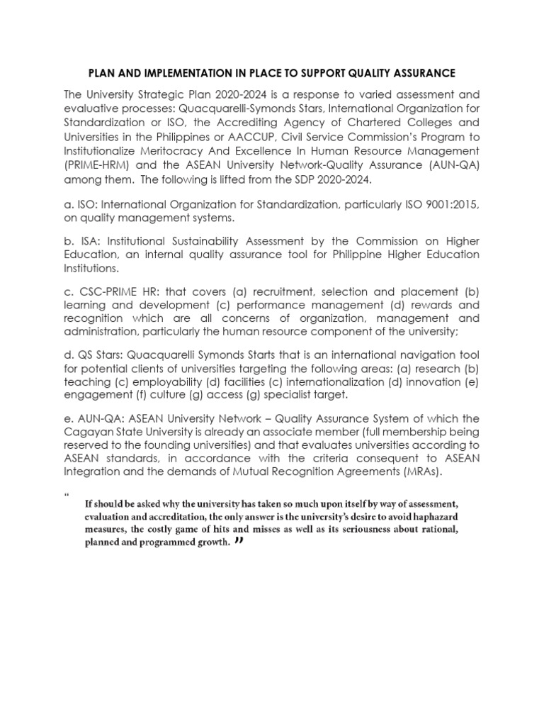 Plan and Implementation in Place To Support Quality Assurance | Download Free PDF | Quality ...