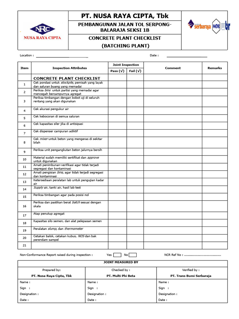 19 - Concrete Plant Checklist (Rev0) (Indo) | PDF
