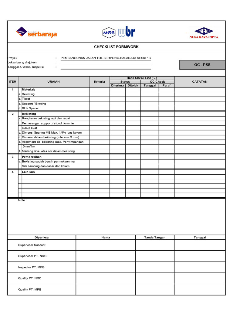 Form - Checklist Formwork | PDF