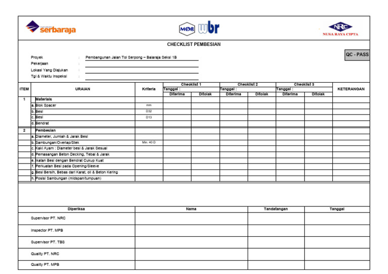 Form Ceklist Pembesian | PDF
