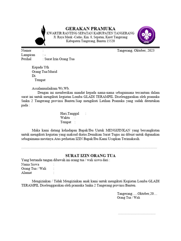 Surat Ijin Orang Tua Pramuka | PDF Surat Ijin Orang Tua Pramuka | PDF