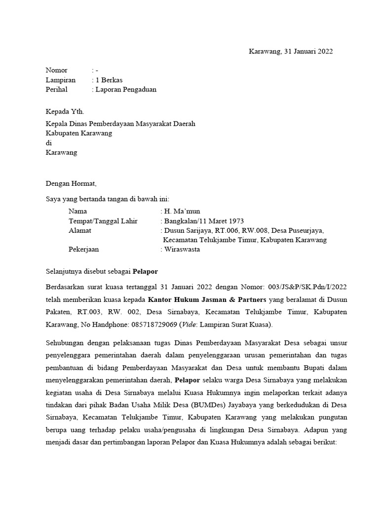 Surat Laporan Pengaduan (DPMD) | PDF