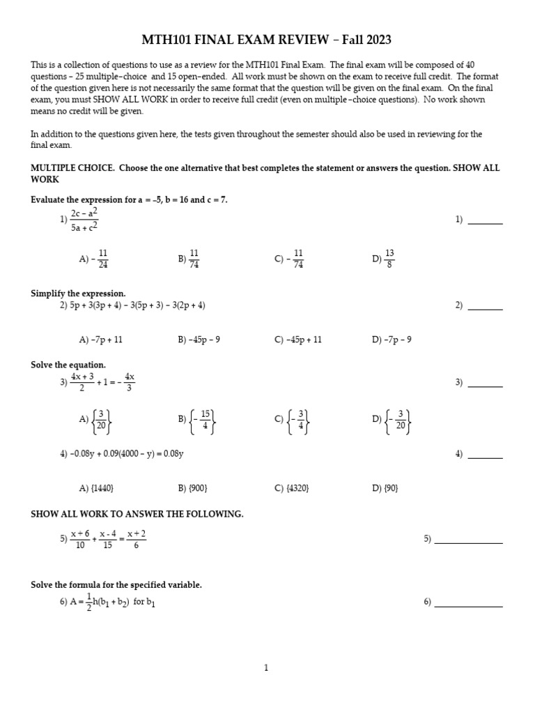 MTH101 Fall 2023 Final Exam Review | PDF | Equations | Function (Mathematics)