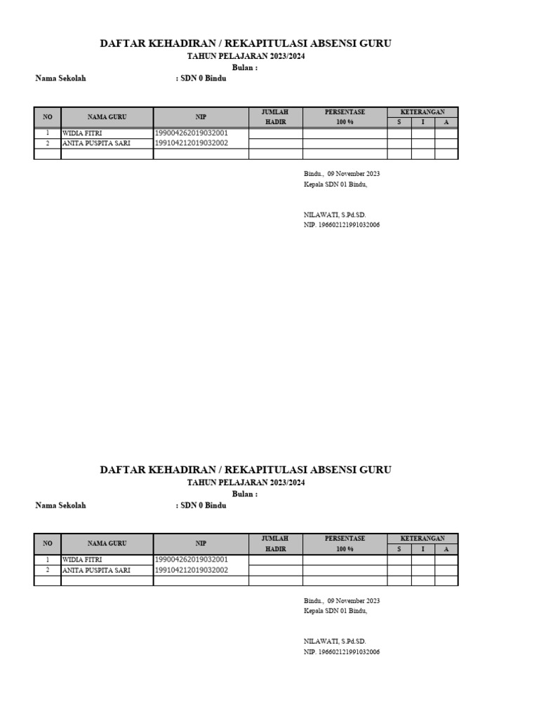 Format Rekap Persentase Kehadiran Guru | PDF