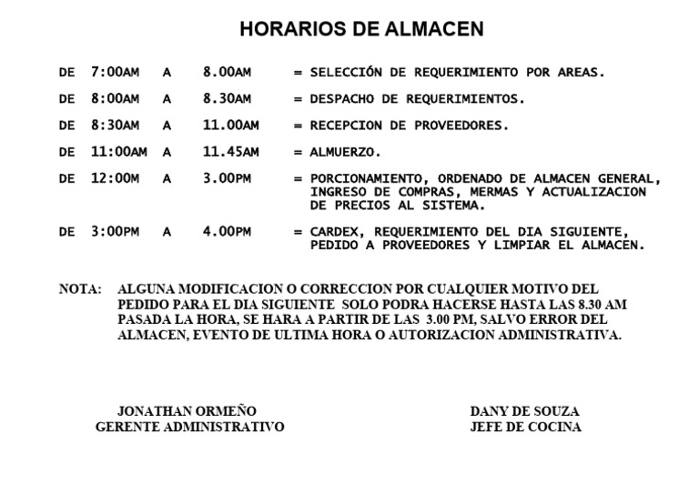 Horario de Atencion de Almacen | PDF
