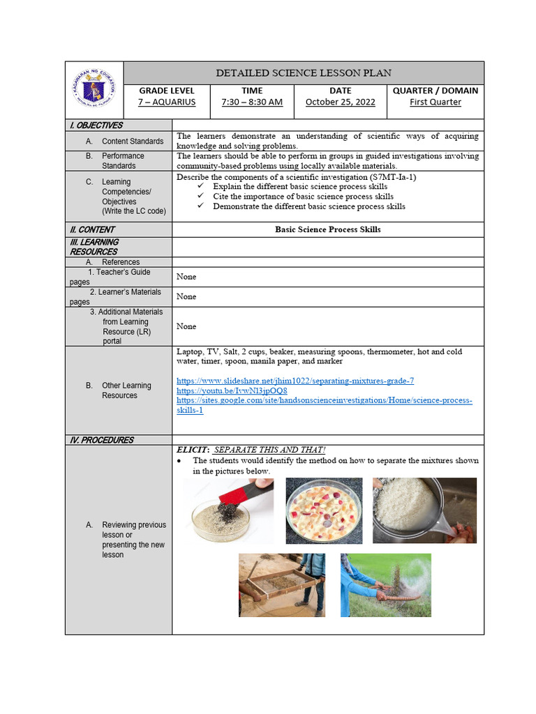 Grade 7 Science Process Skills Lesson | PDF | Learning | Science