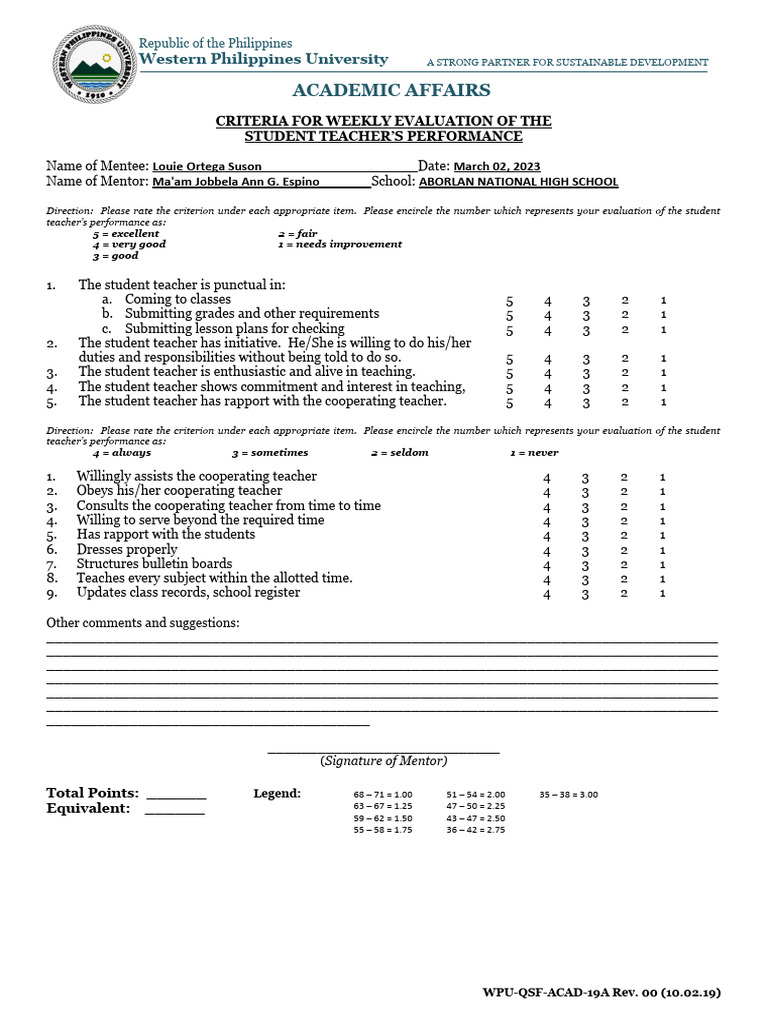 19-Criteria For Weekly Evaluation of The Student Teachers Performance ...