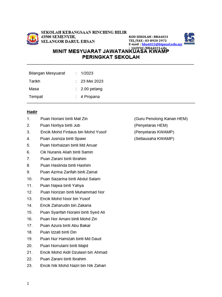 Minit Mesyuarat RMT Bil 1 2023 | PDF