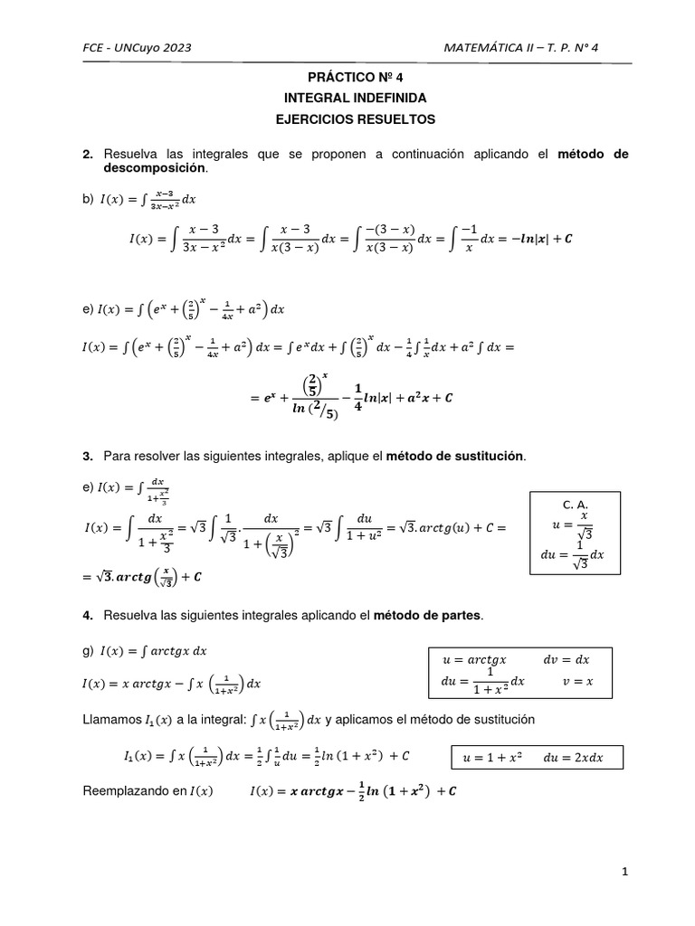 TP 4 - Integral Indefinida - Ejercicios Resueltos 2023 | PDF | Integral | Relaciones matematicas