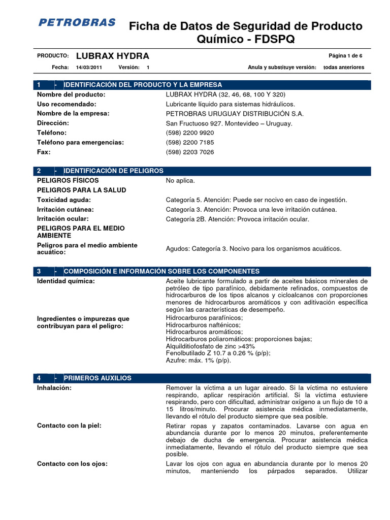 Lubrax Hydra - Ficha de Seguridad | PDF | Agua | Hidrocarburos