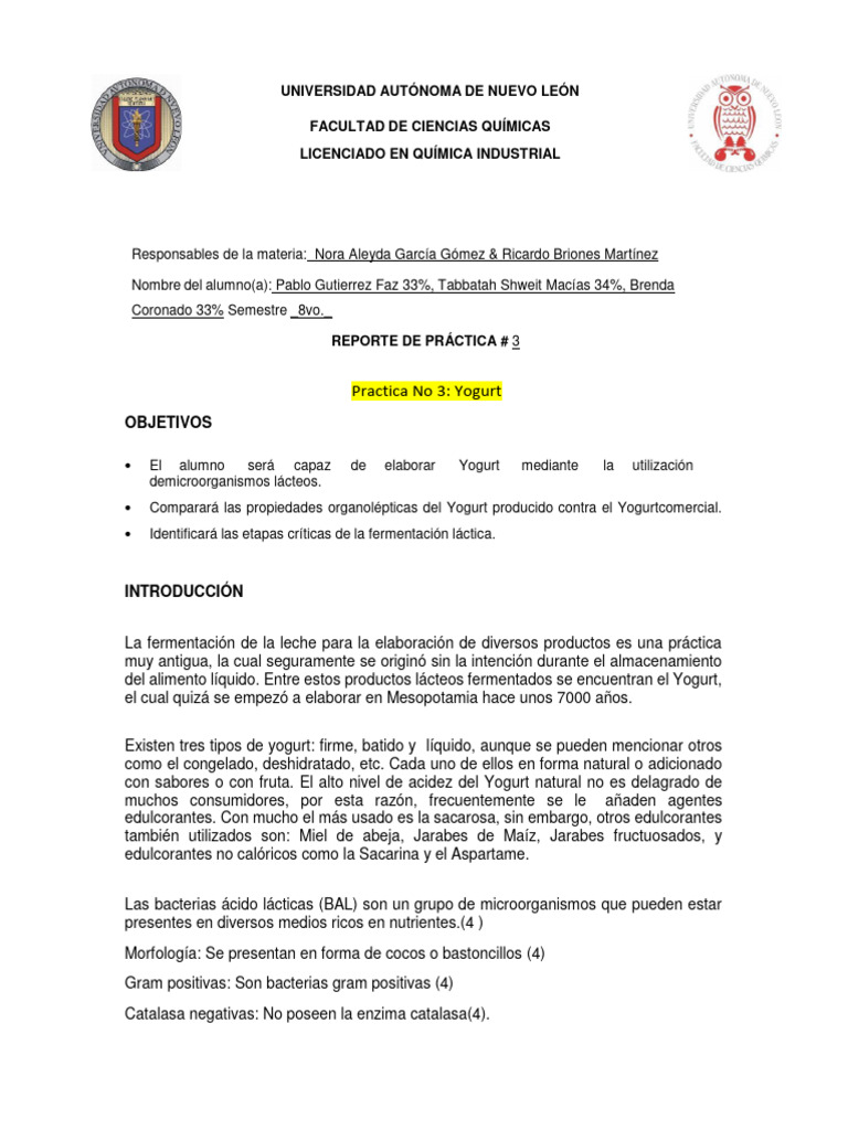 Reporte 3 Yogurt | PDF | Yogur | Leche