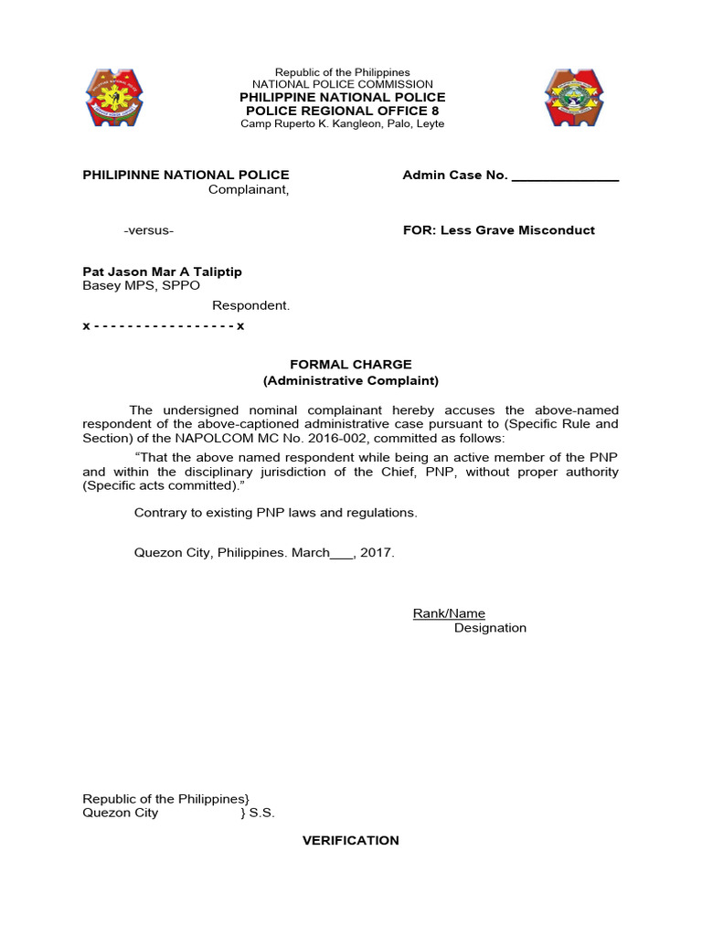 PNP Formal Charge | PDF | Law Enforcement | Crime & Violence