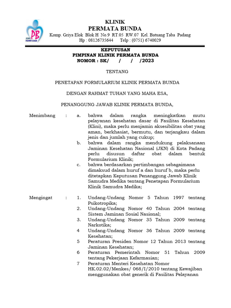 SK Formularium Obat Klinik Permata Bunda | PDF