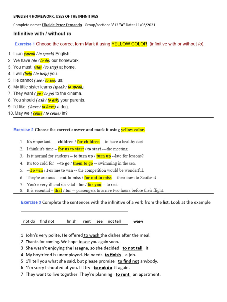 1 English 4 Class 7 Homework Infinitives | PDF | Verb | Grammar