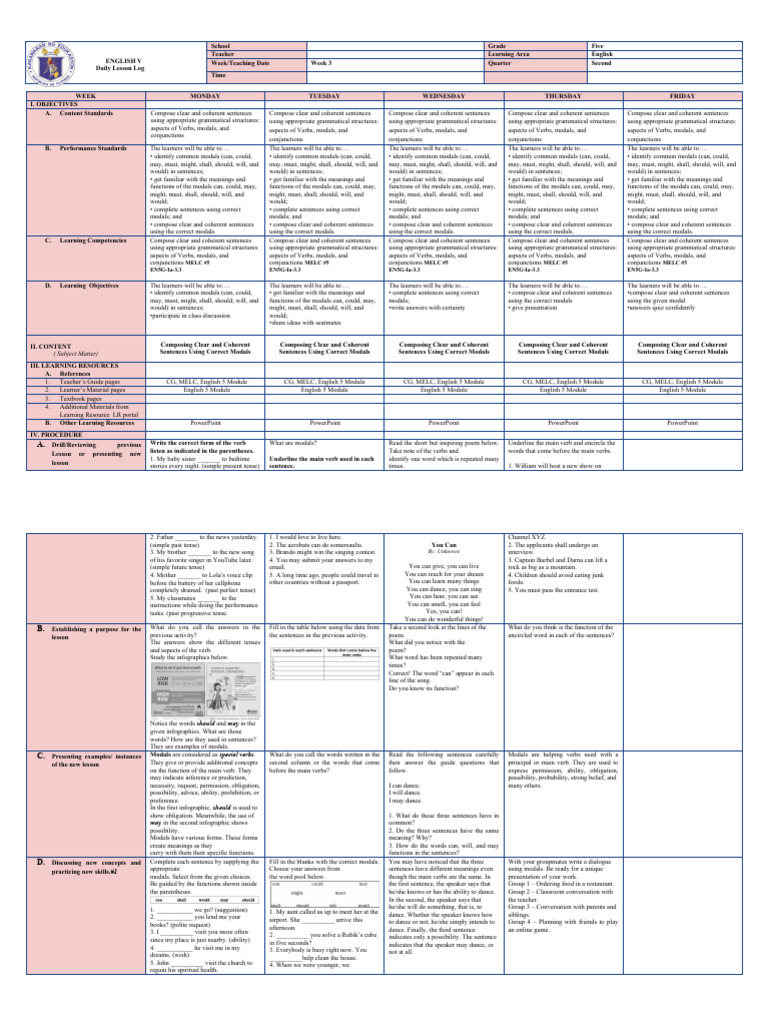 DLL W3 Q2 English 5 | PDF | Verb | Language Mechanics
